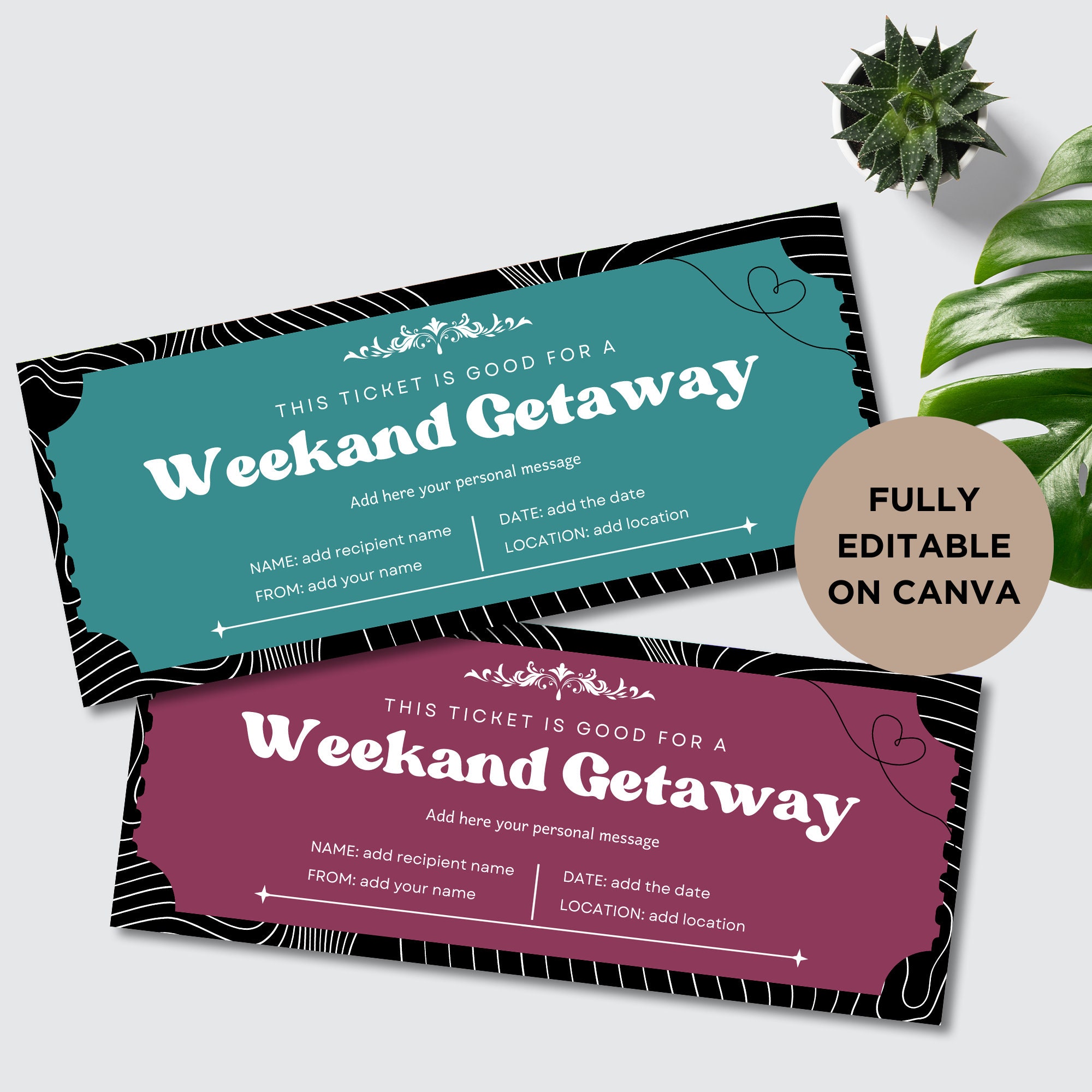 Weekend Getaway Ticket Template, Editable Travel Voucher, Romantic ...