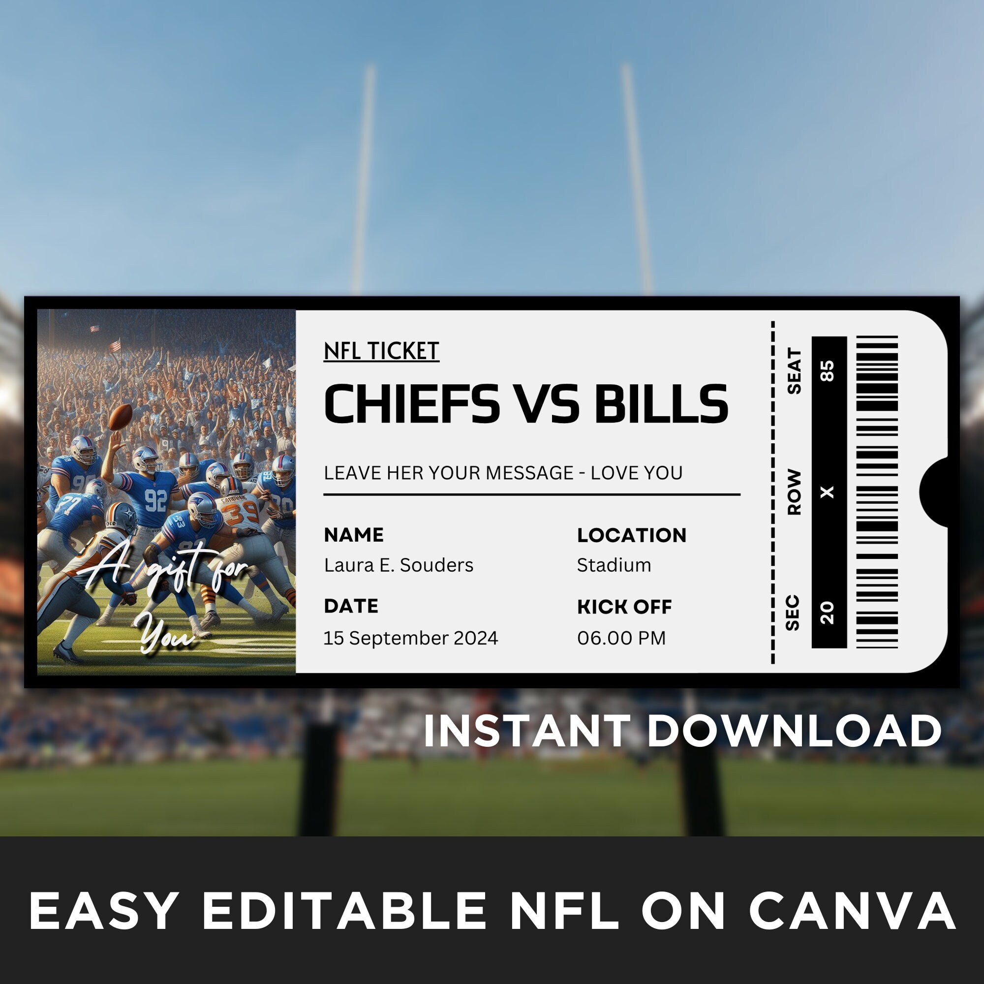 Football Ticket Template, Event Ticket, Football Game Ticket, Sports ...