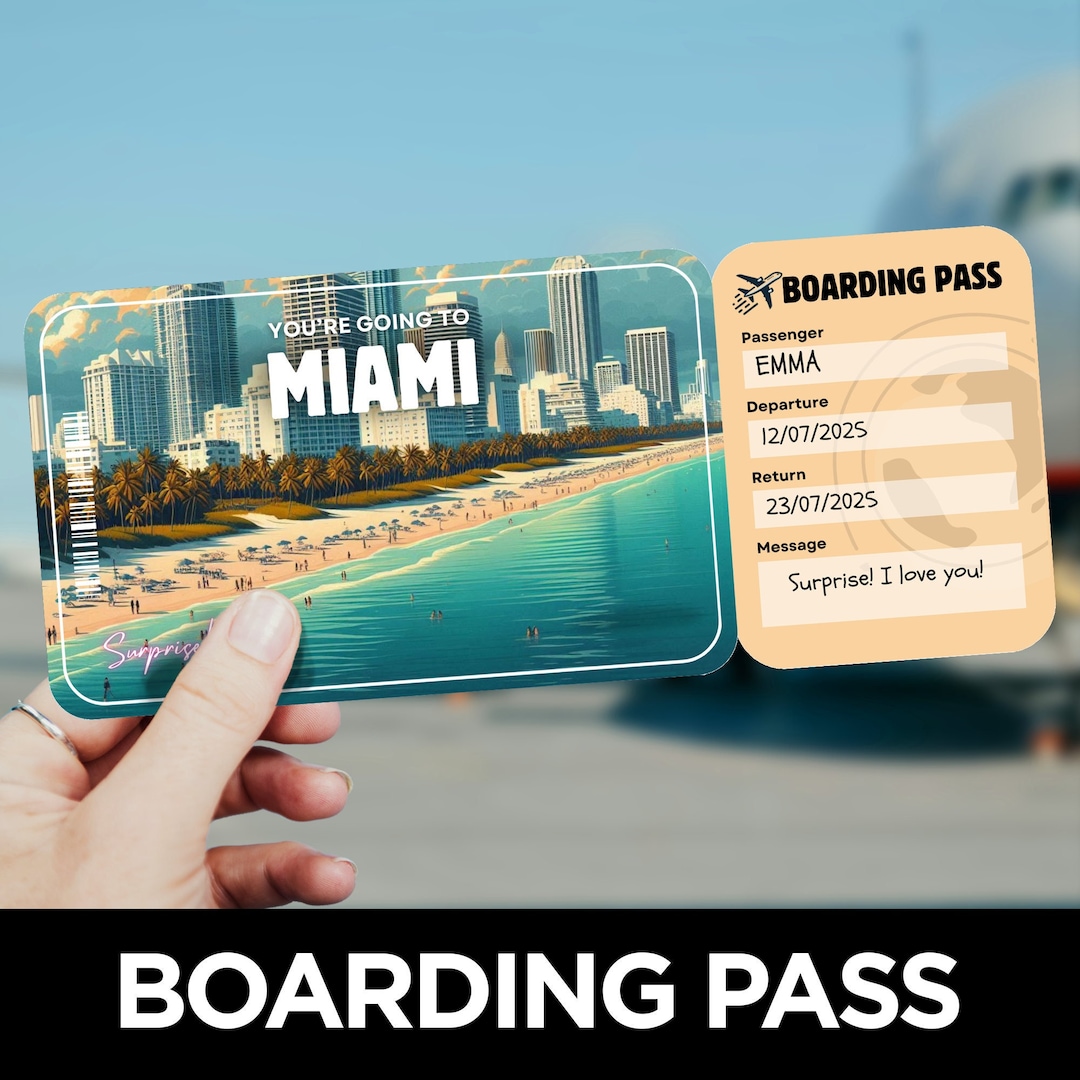 Miami Boarding Pass, Trip Surprise, Plane Ticket Template, Airplane ...