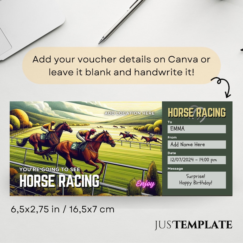 Horse Racing Ticket Template, Horse Race Voucher, Horse Lover Gift ...
