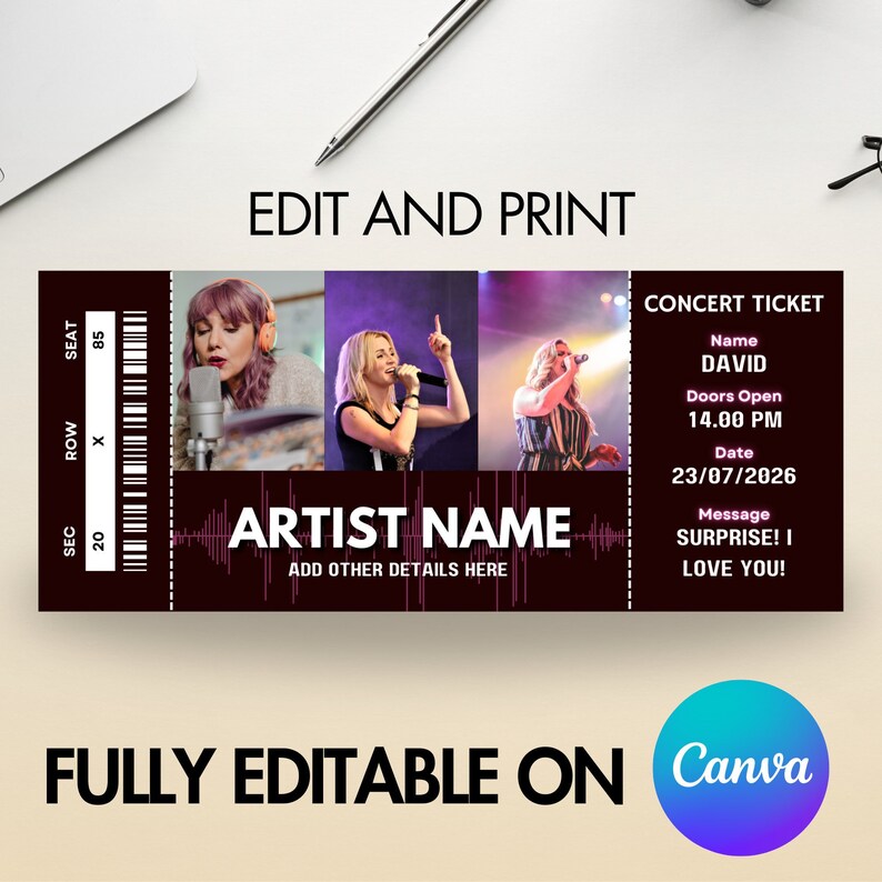 Editable Concert Ticket Template, Printable Live Concert Tickets, Event ...