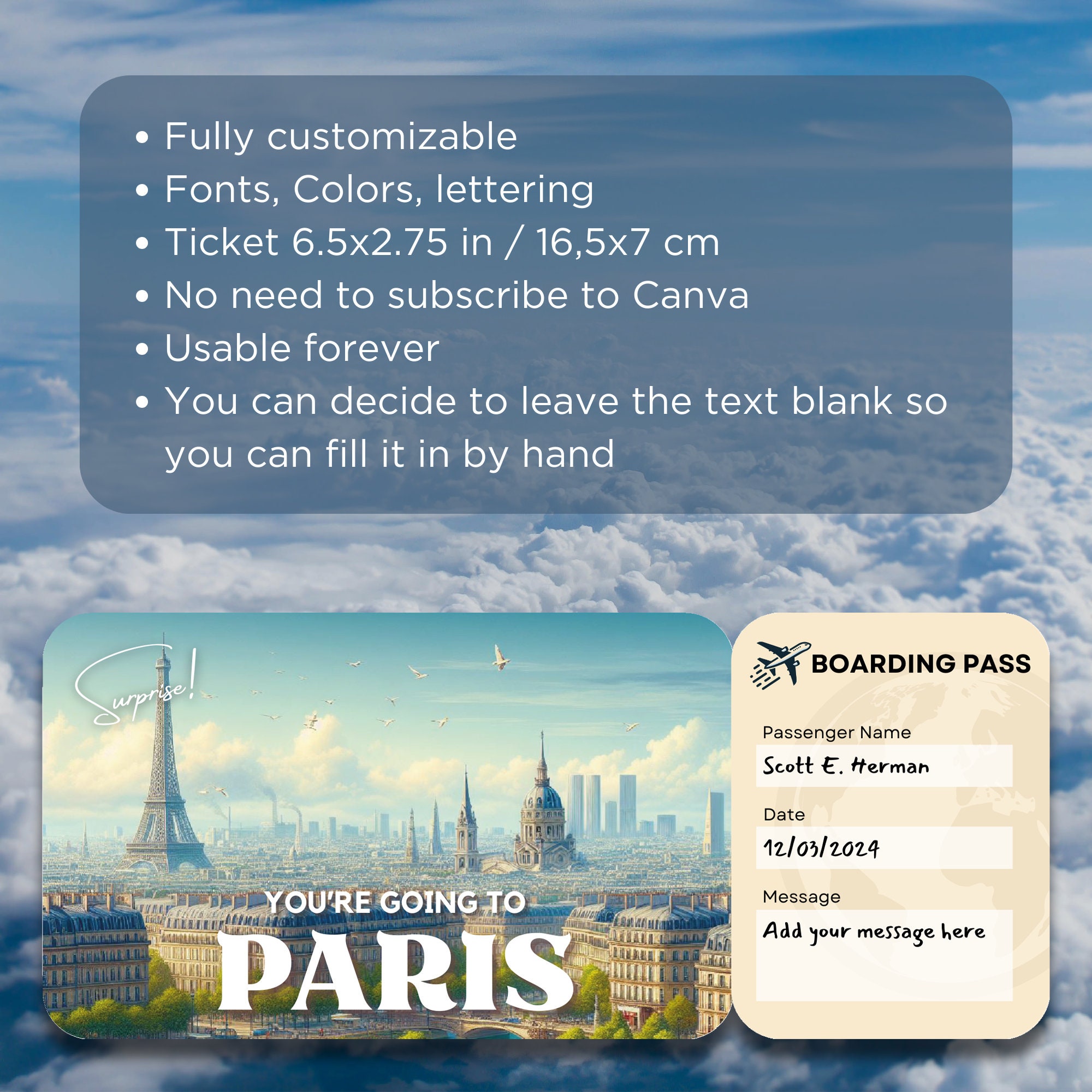 Paris Plane Ticket Template, Boarding Pass Ticket Template, Flight ...