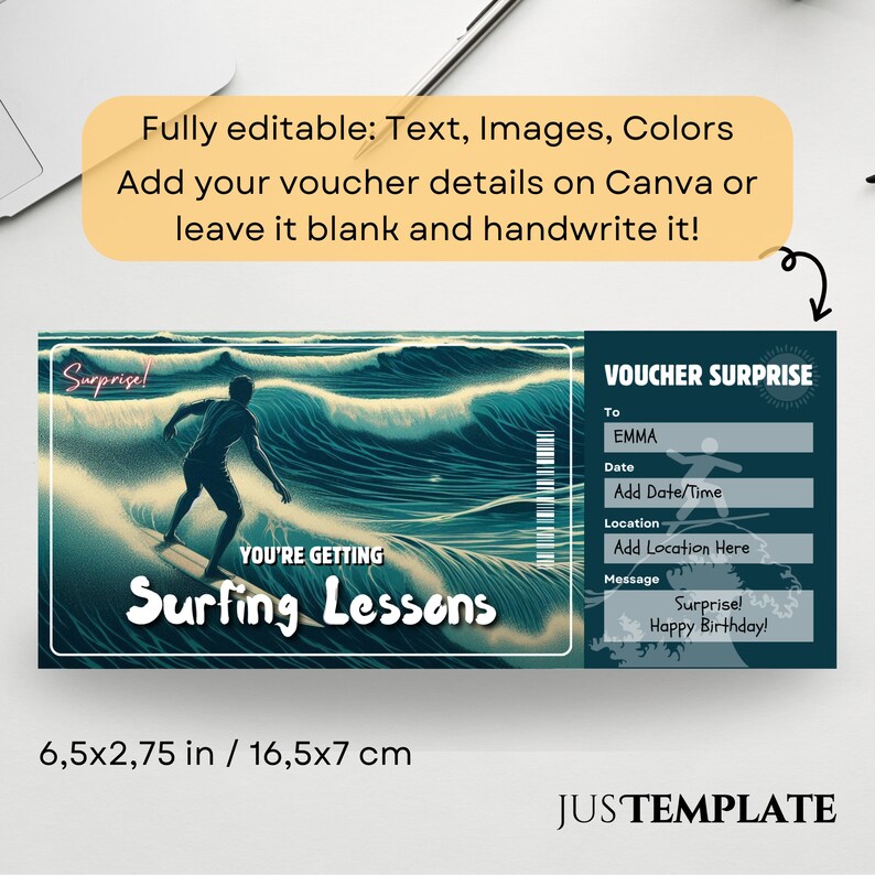 Surfing Ticket, Surfing Lesson Voucher Template, Printable Surfing ...