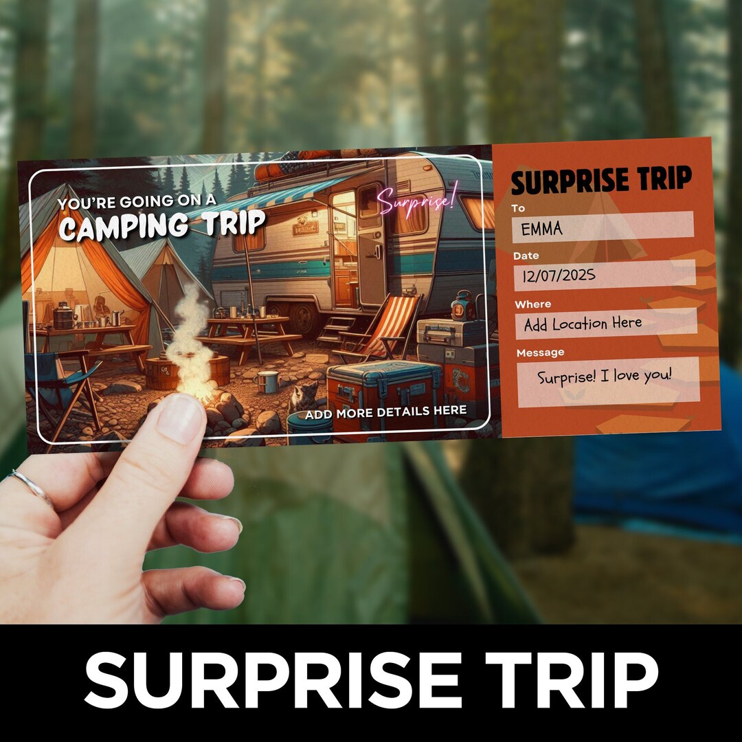 Camping Trip Ticket Template, Summer Camp Voucher, Experience Gifts Surprise, Family Adventure ...