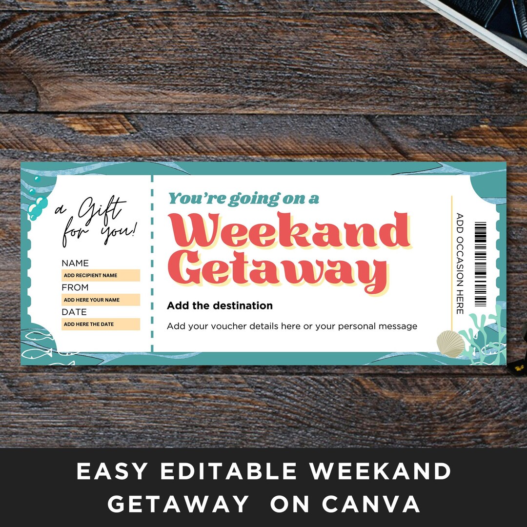Weekend Getaway Ticket Template, Editable Travel Voucher, Romantic ...