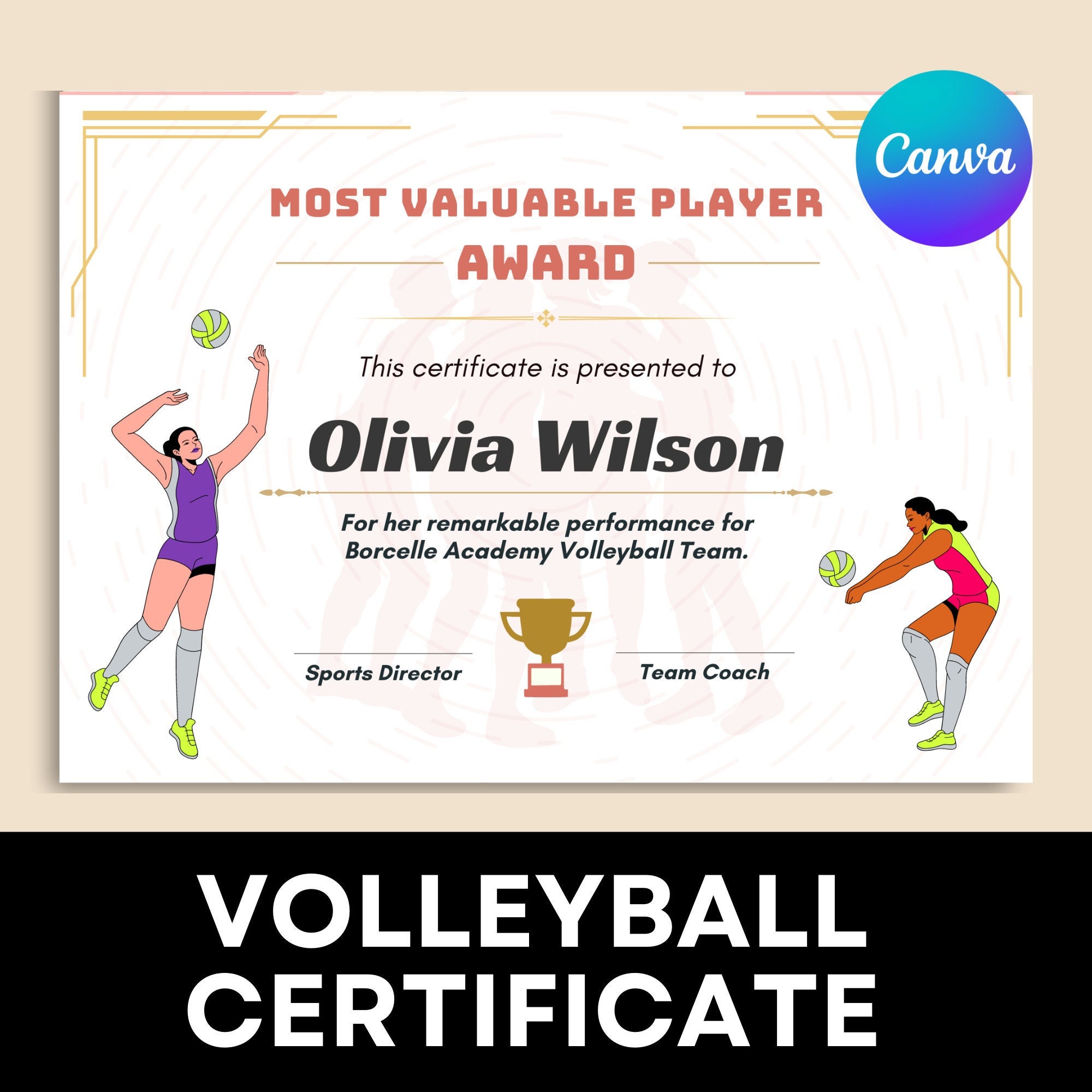 Editable Volleyball Certificate, Volleyball Award Template, Award ...