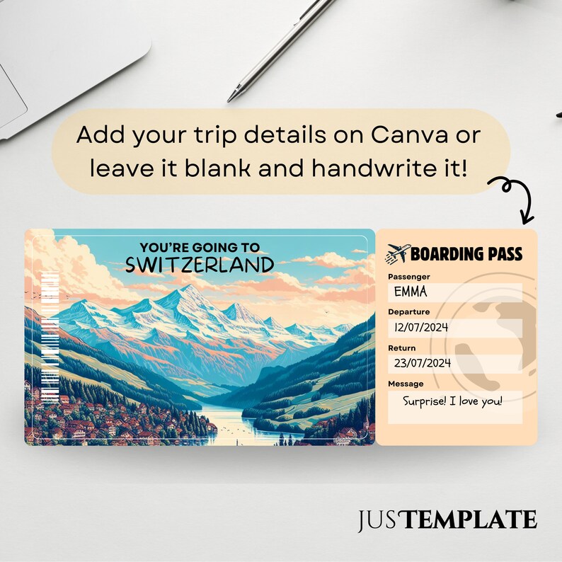Switzerland Boarding Pass, Trip Surprise, Plane Ticket Template ...