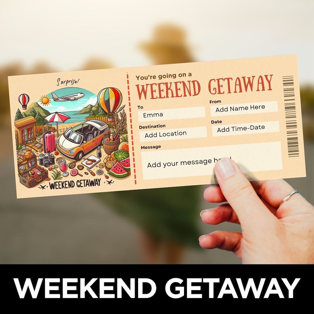 Weekend Getaway Ticket Template, Romantic Getaway, Travel Voucher, Road ...