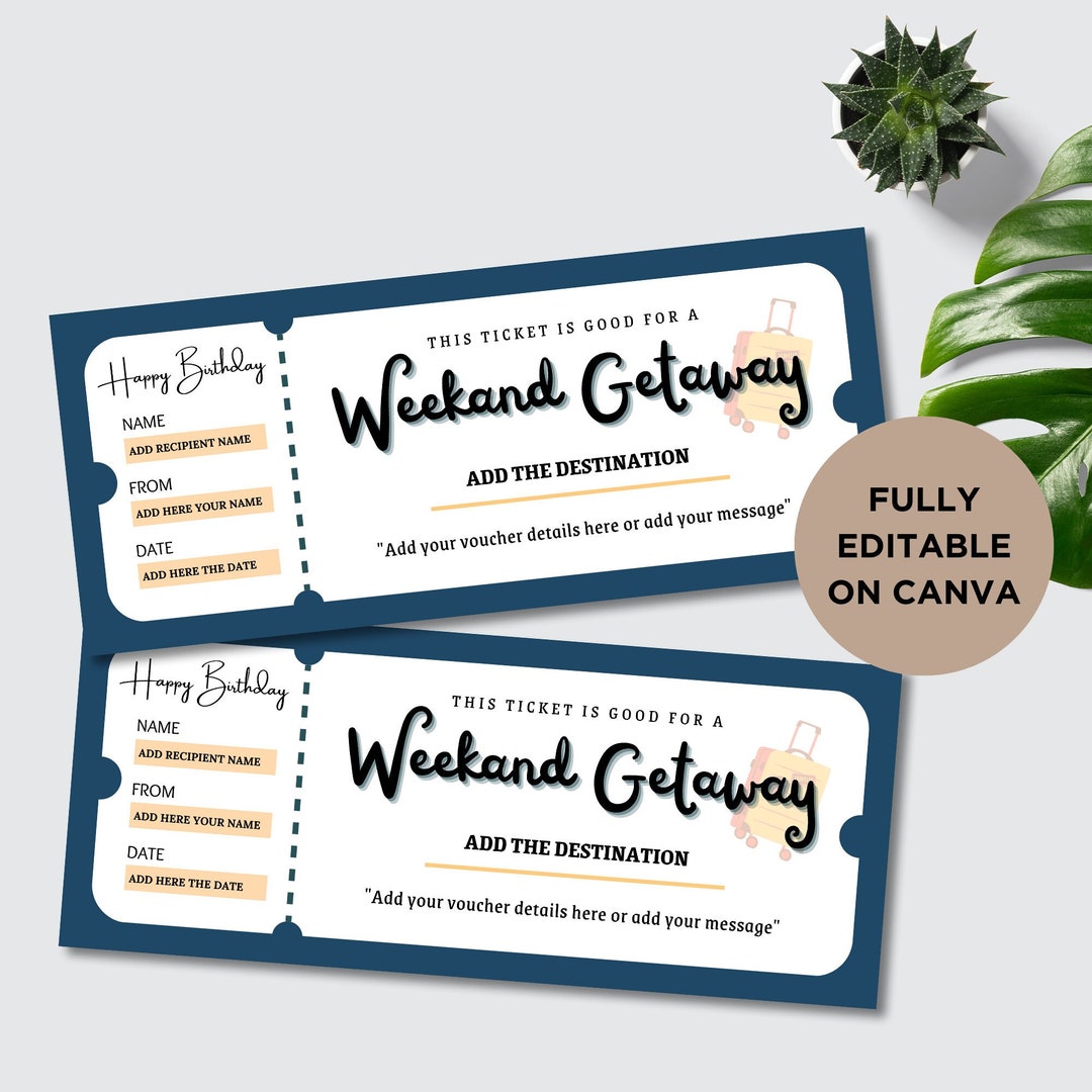 Weekend Getaway Ticket Template, Editable Travel Voucher, Hotel ...