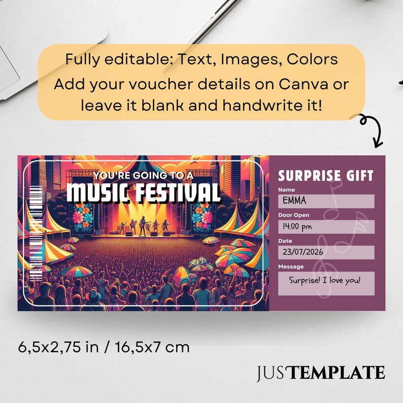 Music Festival Ticket Template, Printable Concert Ticket, Surprise ...