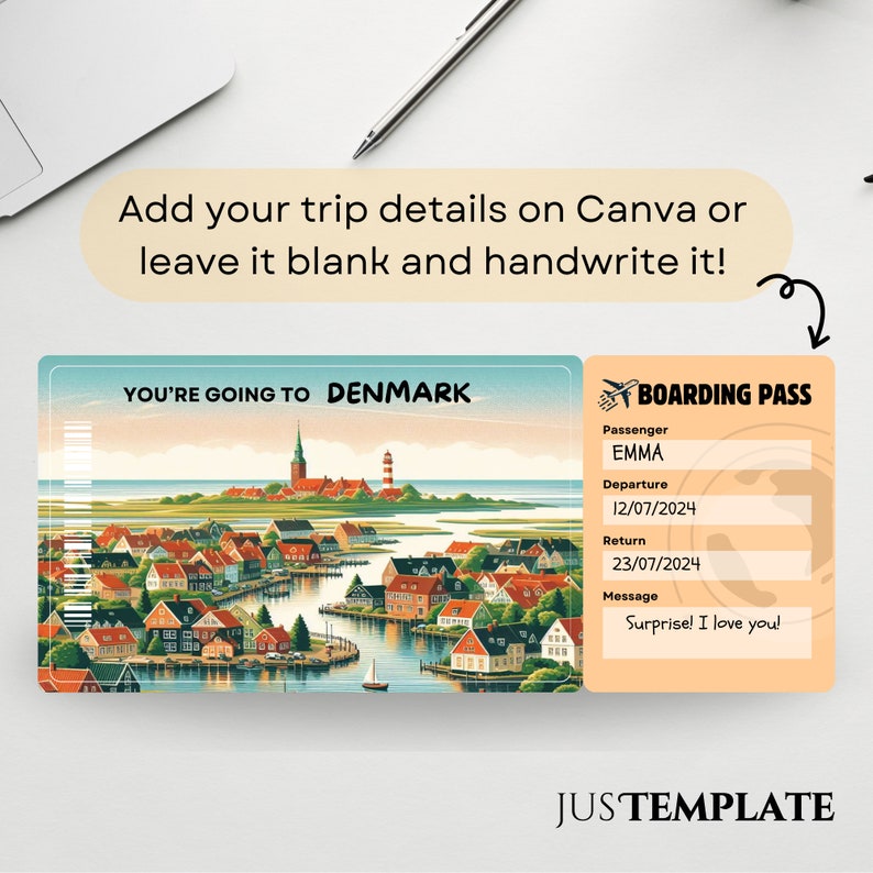 Denmark Boarding Pass, Trip Surprise, Plane Ticket Template, Travel Voucher, Flight Boarding ...