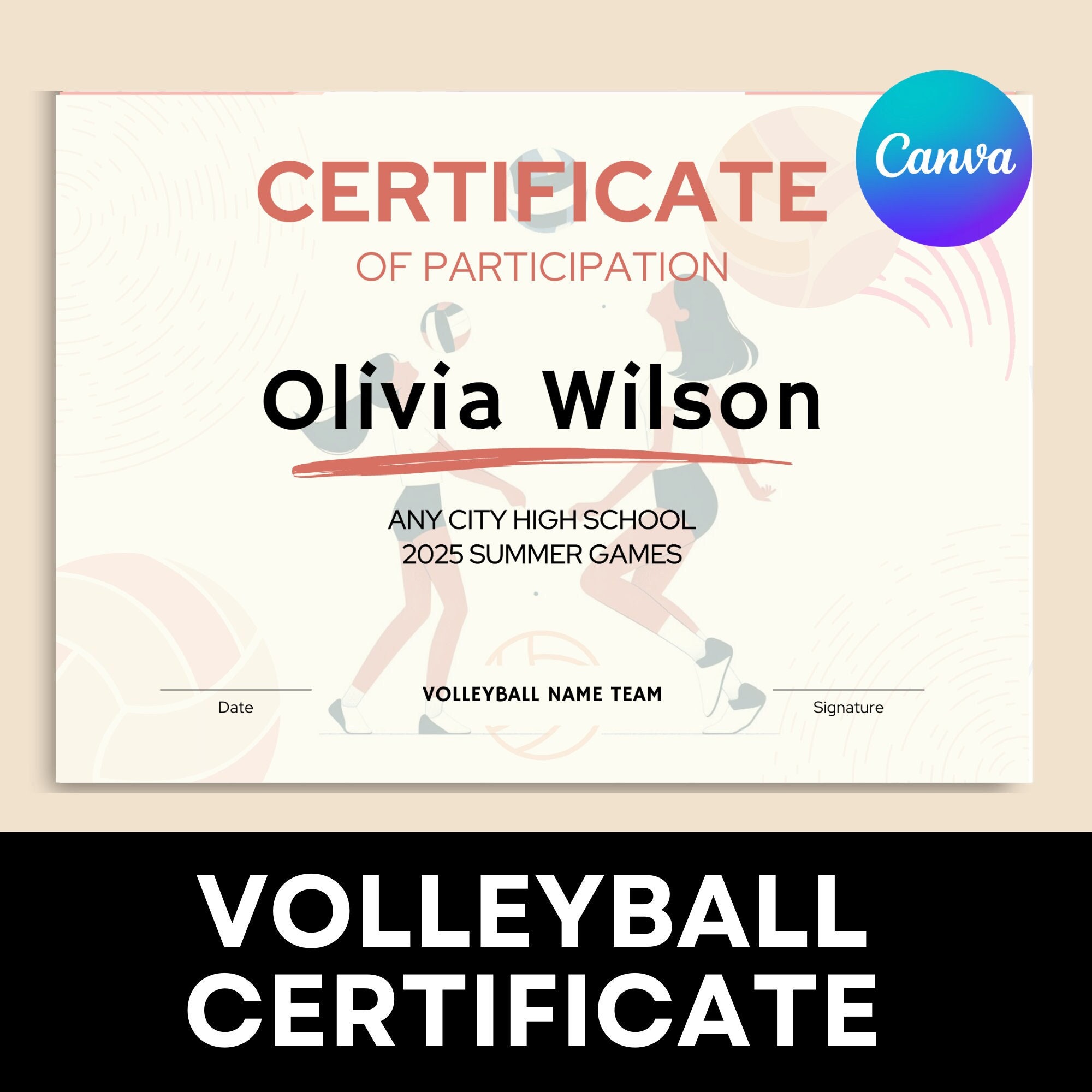 Editable Volleyball Certificate, Volleyball Award Template, Award ...