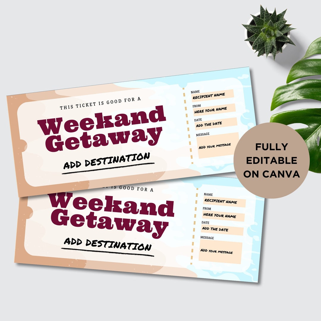 Weekend Getaway Ticket Template, Editable Travel Voucher, Sea Ticket ...