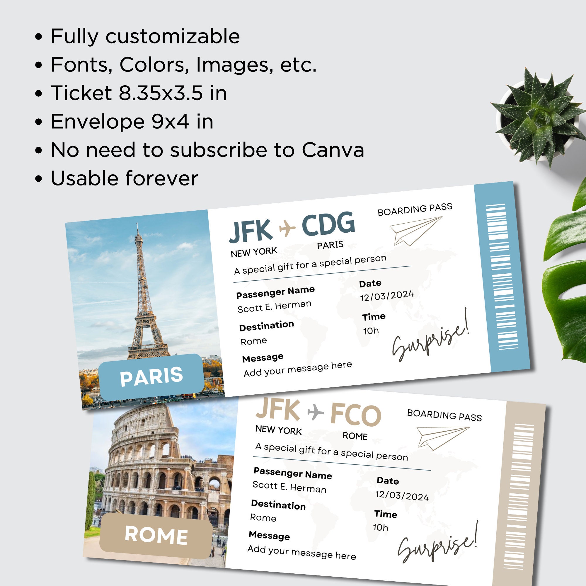 Custom Boarding Pass, Editable Plane Ticket, Printable Airline Ticket ...
