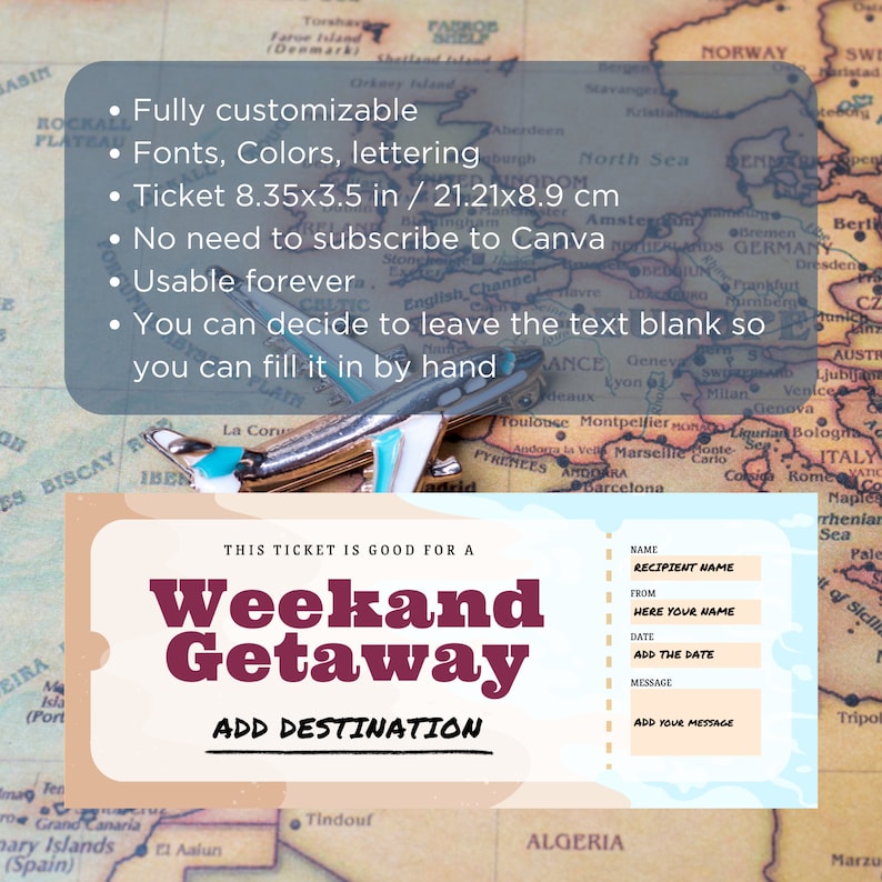Weekend Getaway Ticket Template, Editable Travel Voucher, Sea Ticket ...