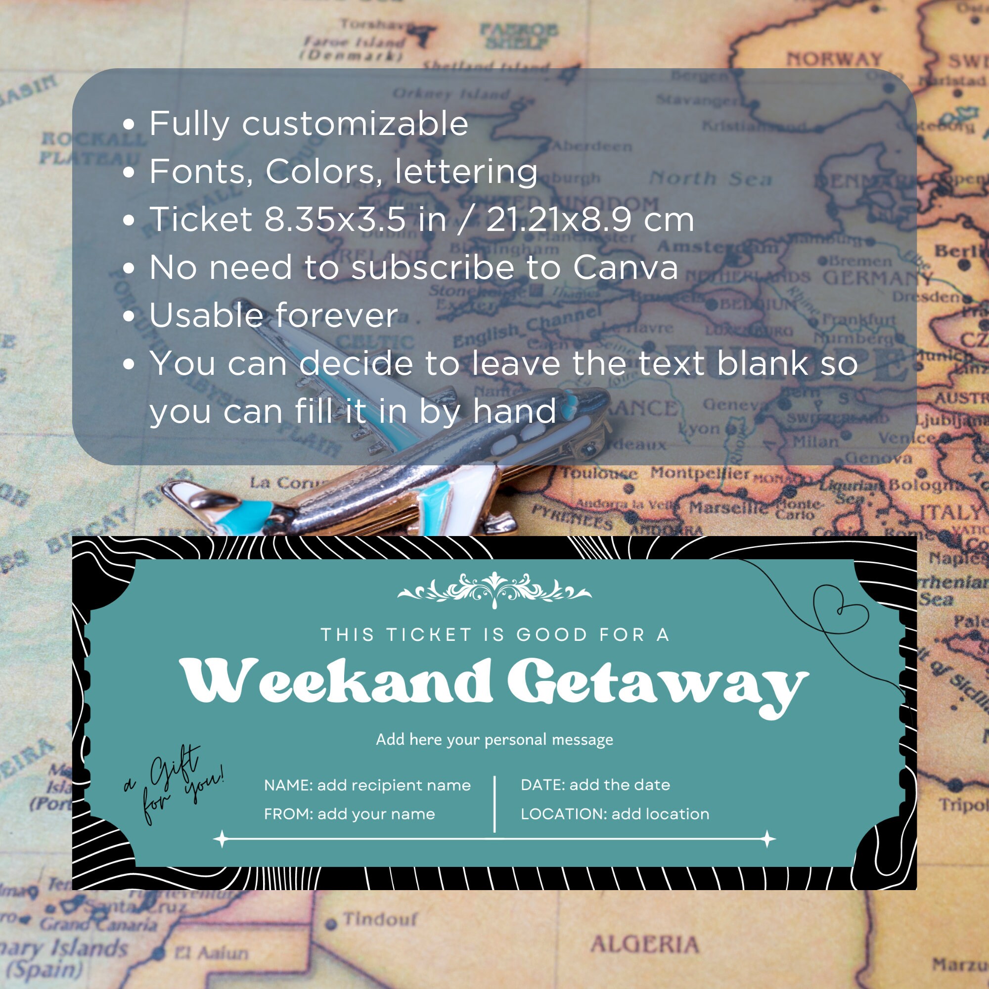 Weekend Getaway Ticket Template, Editable Travel Voucher, Romantic ...