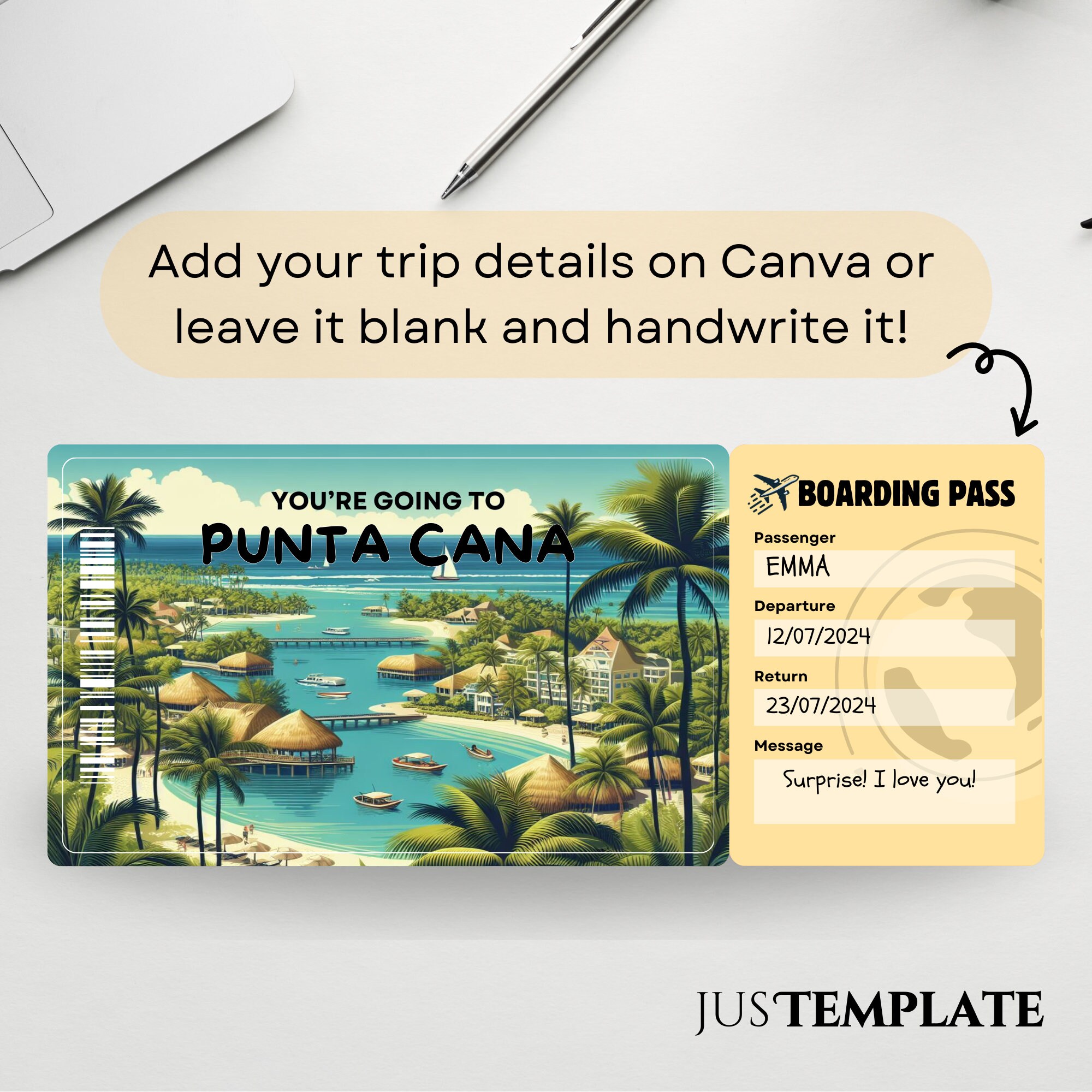 Punta Cana Trip Surprise, Plane Ticket Template, Boarding Pass, Flight ...