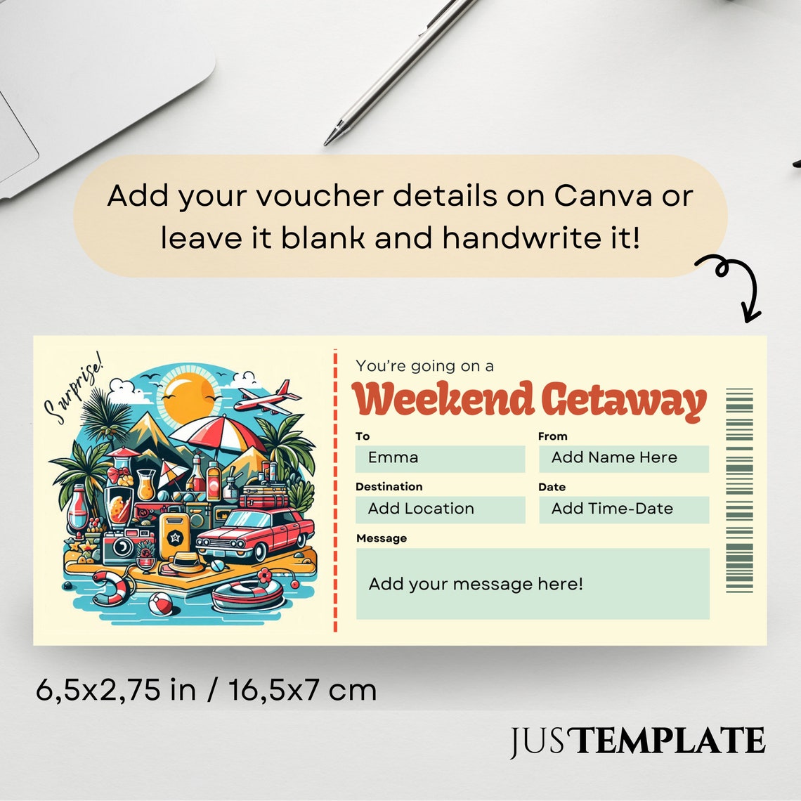 Weekend Getaway Ticket Template, Romantic Getaway, Travel Voucher, Road ...