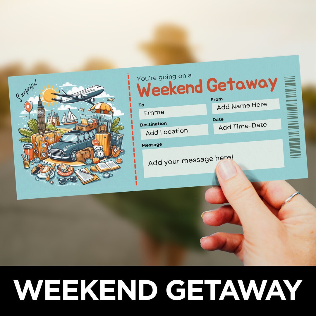 Weekend Getaway Ticket Template, Romantic Getaway, Travel Voucher, Road ...
