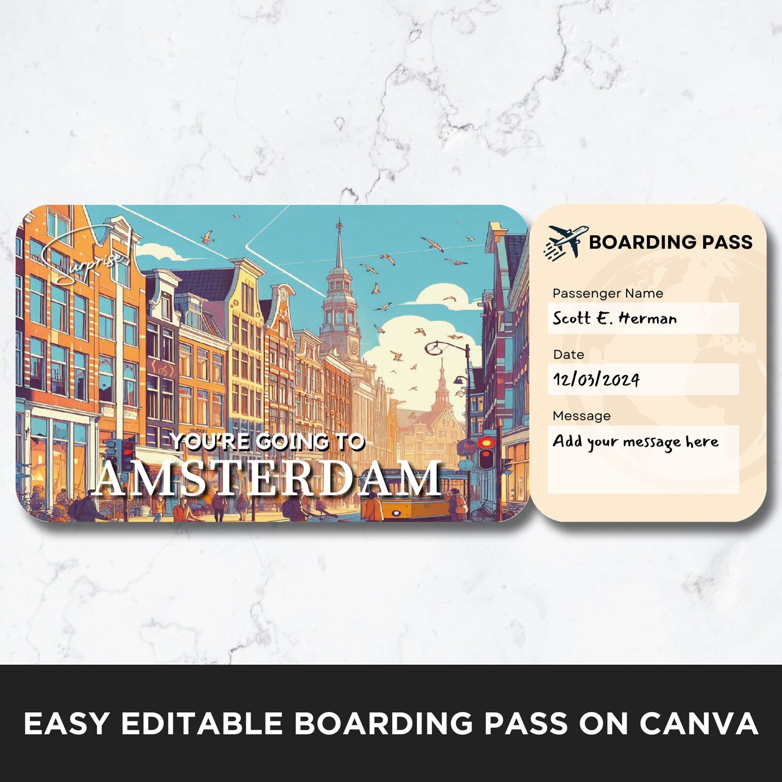 Amsterdam Plane Ticket Template, Boarding Pass Ticket Template, Airline ...