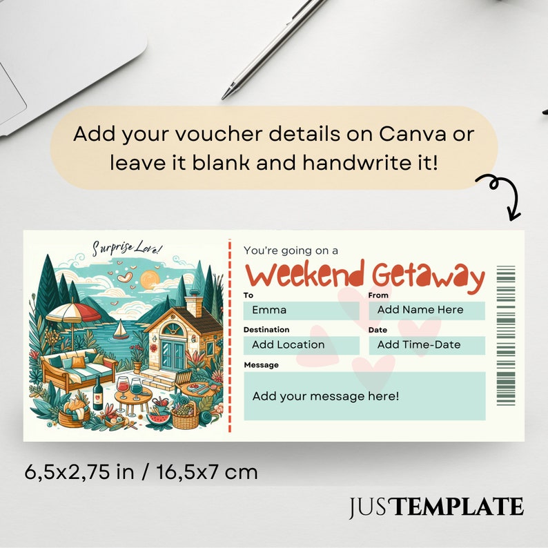 Weekend Getaway Ticket Template, Romantic Getaway, Travel Voucher, Road ...