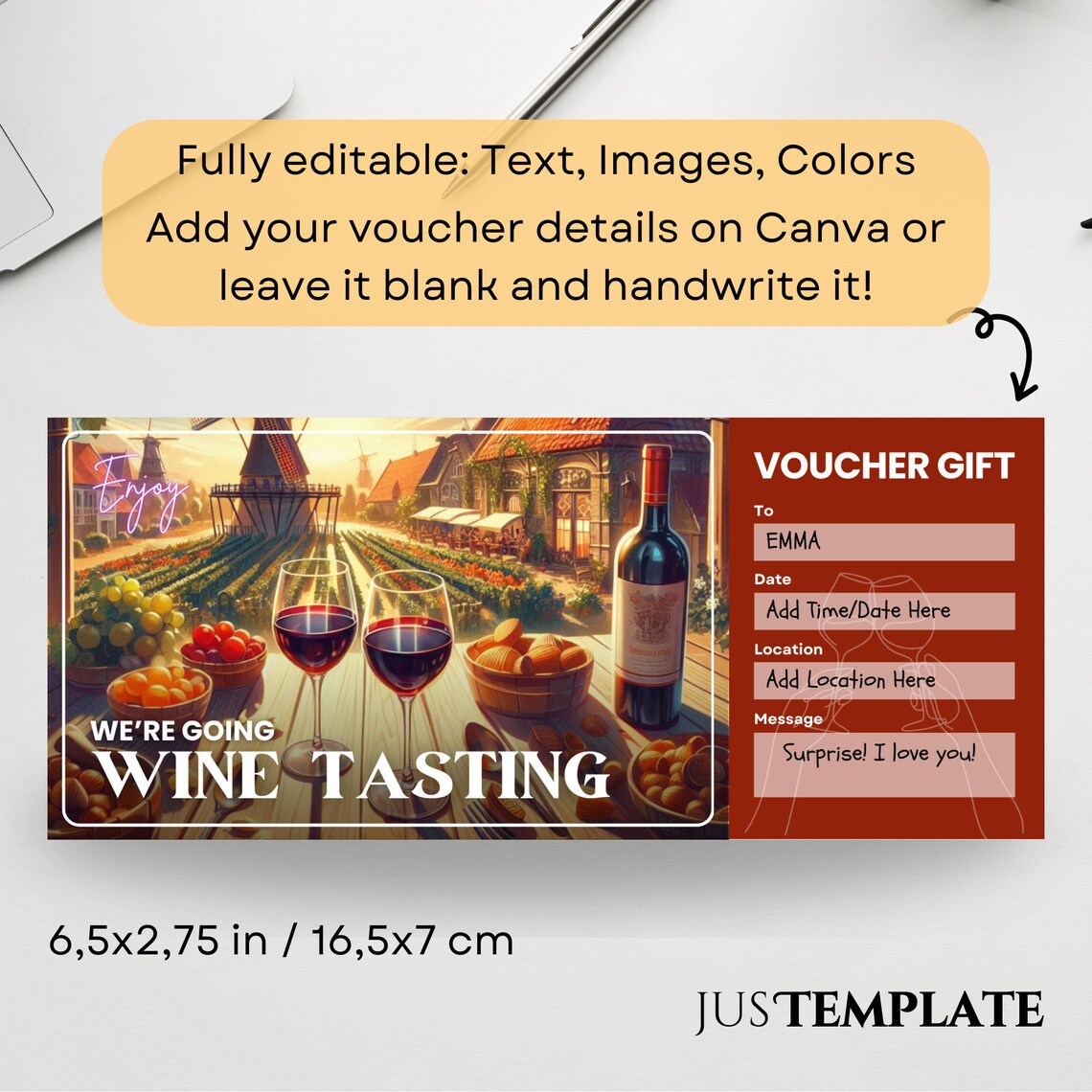 Wine Tasting Voucher Template, Present for Wine Lover, Experience Gift ...