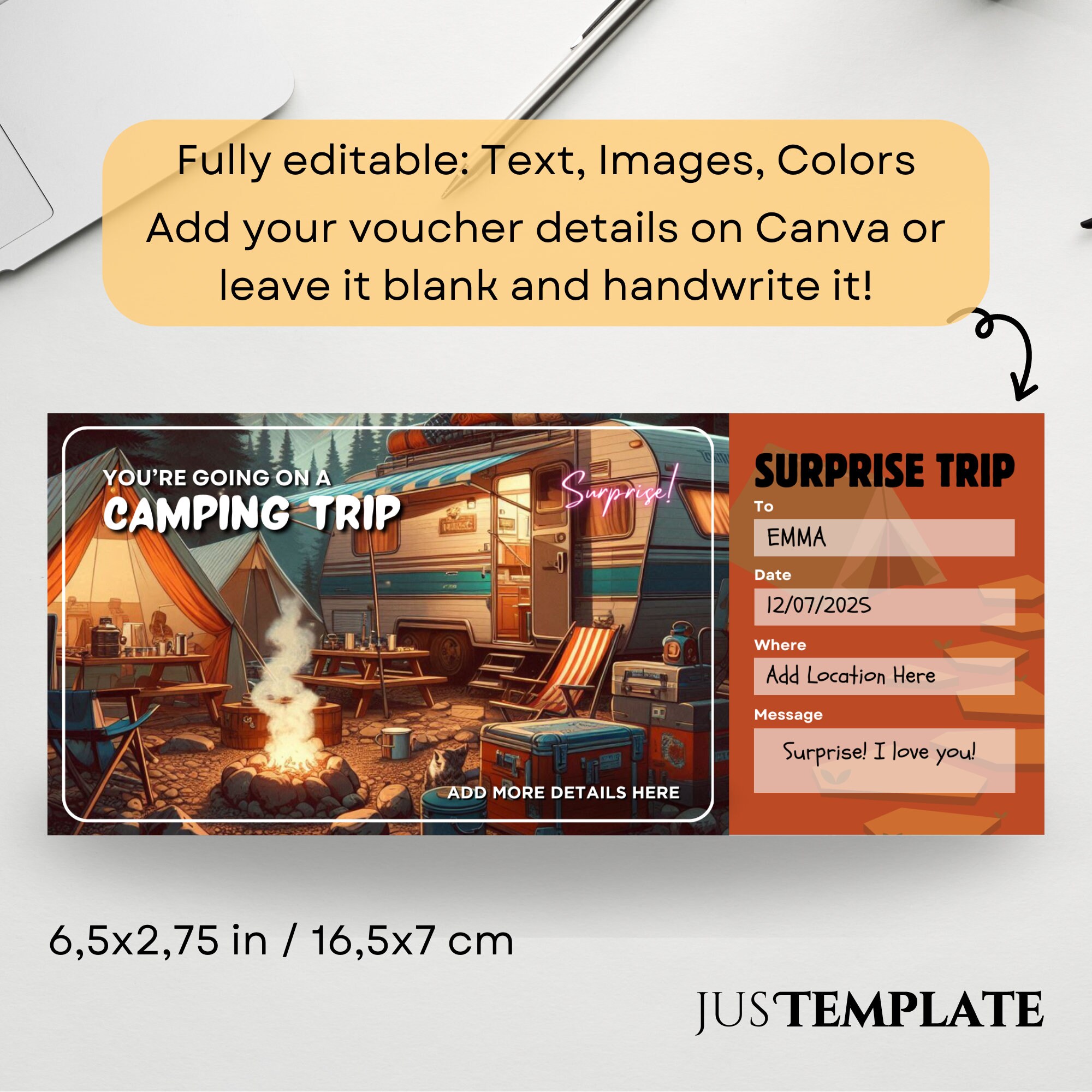 Camping Trip Ticket Template, Summer Camp Voucher, Experience Gifts ...