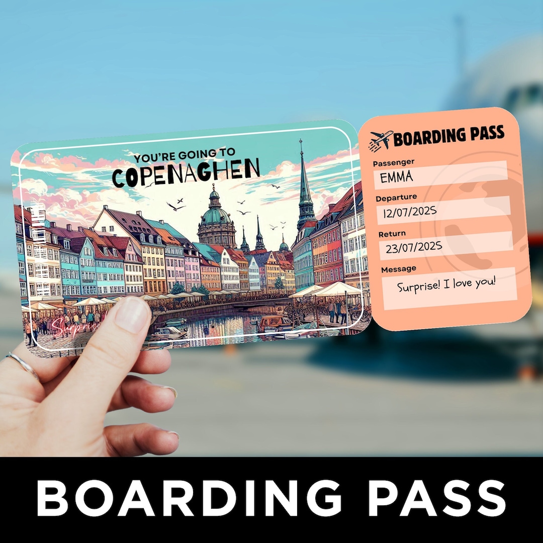 Copenaghen Boarding Pass, Trip Surprise, Plane Ticket Template, Airplane Voucher, Flight Ticket ...