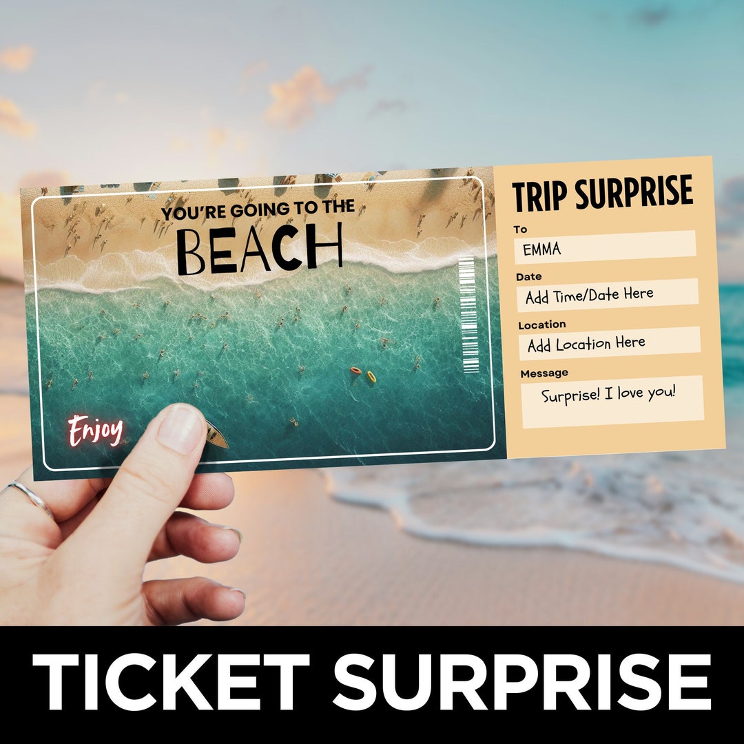 Surprise Beach Ticket, Summer Vacation Voucher Template, Beach Trip ...