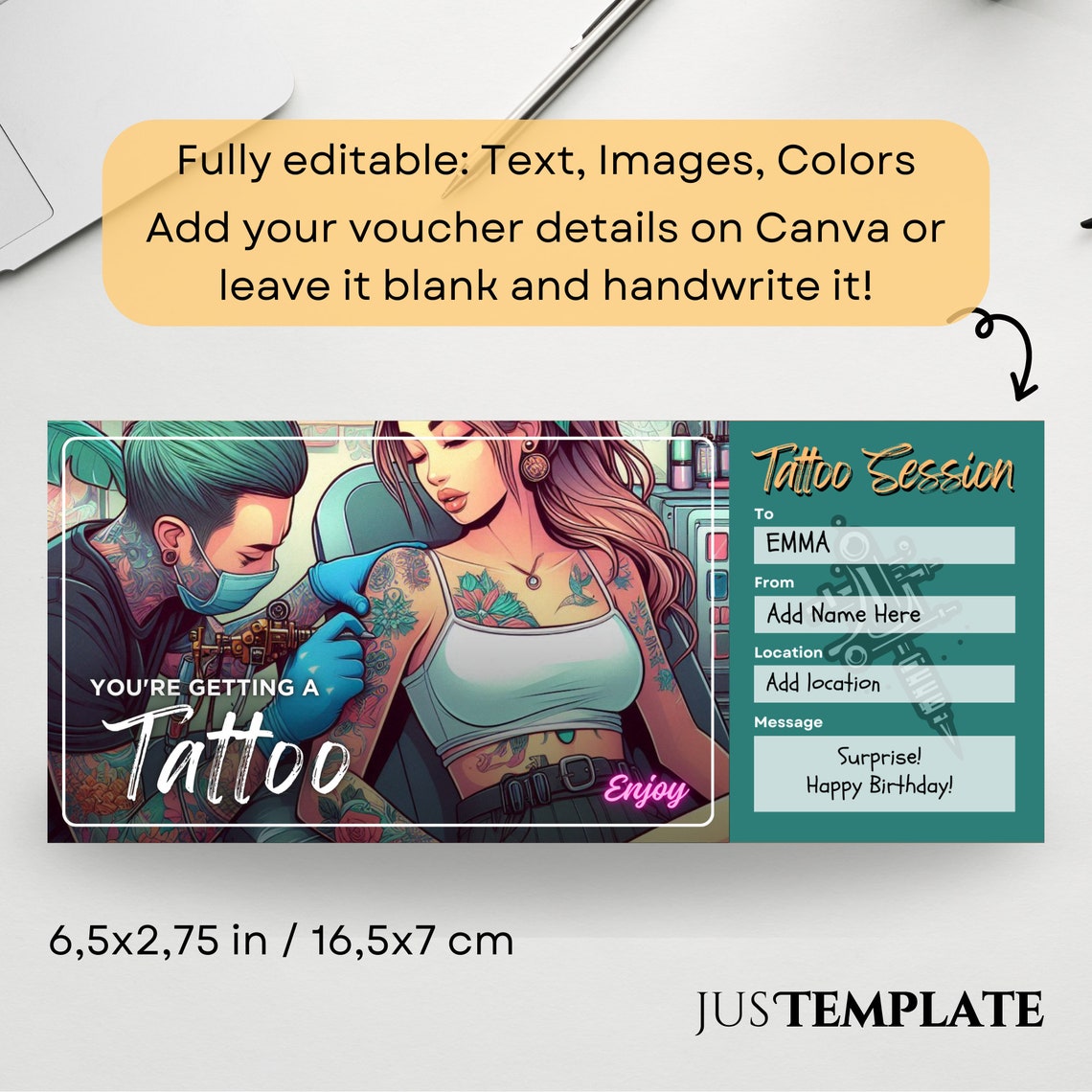 Tattoo Ticket Template, Tattoo Gift Voucher, Printable Coupon Surprise ...