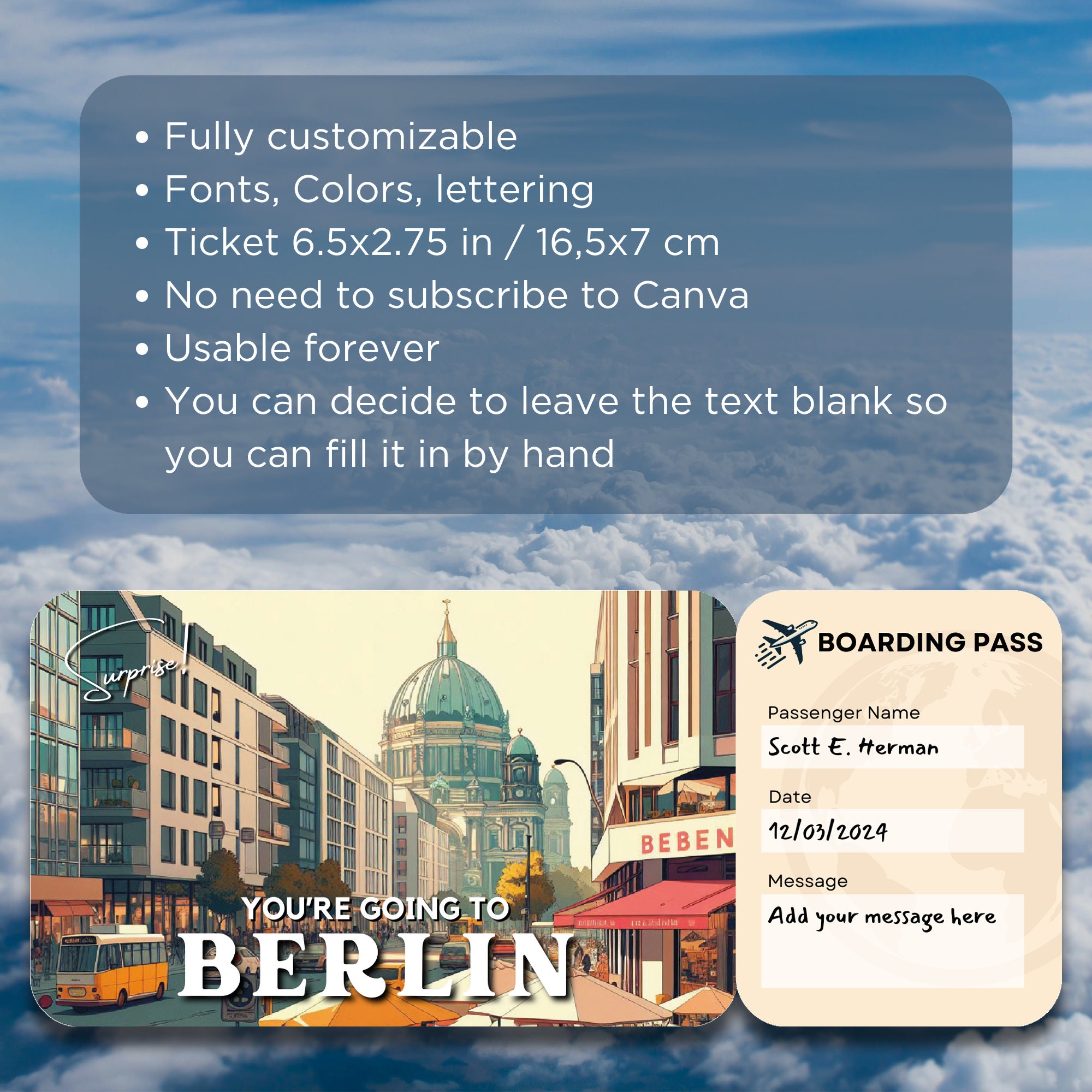 Berlin Plane Ticket Template, Boarding Pass Ticket Template, Flight ...