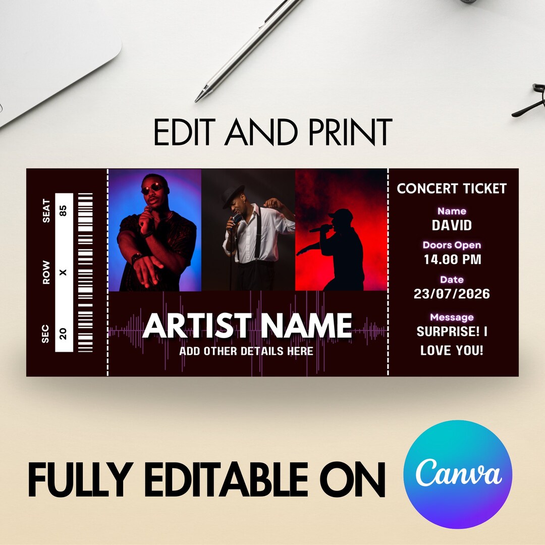 Editable Concert Ticket Template, Printable Live Concert Tickets, Event ...