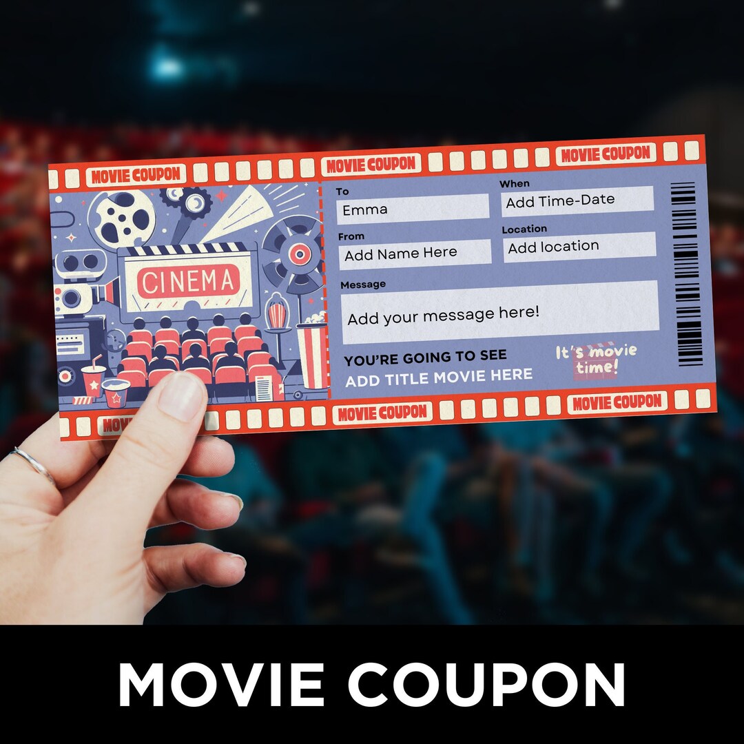 Movie Ticket Template, Printable Movie Coupon, Cinema Tickets, Movie ...