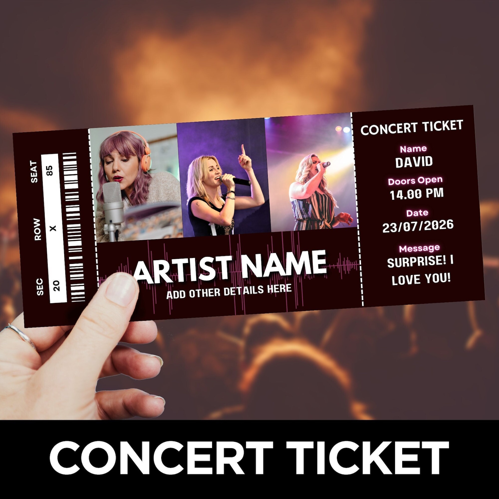 Editable Concert Ticket Template, Printable Live Concert Tickets, Event ...