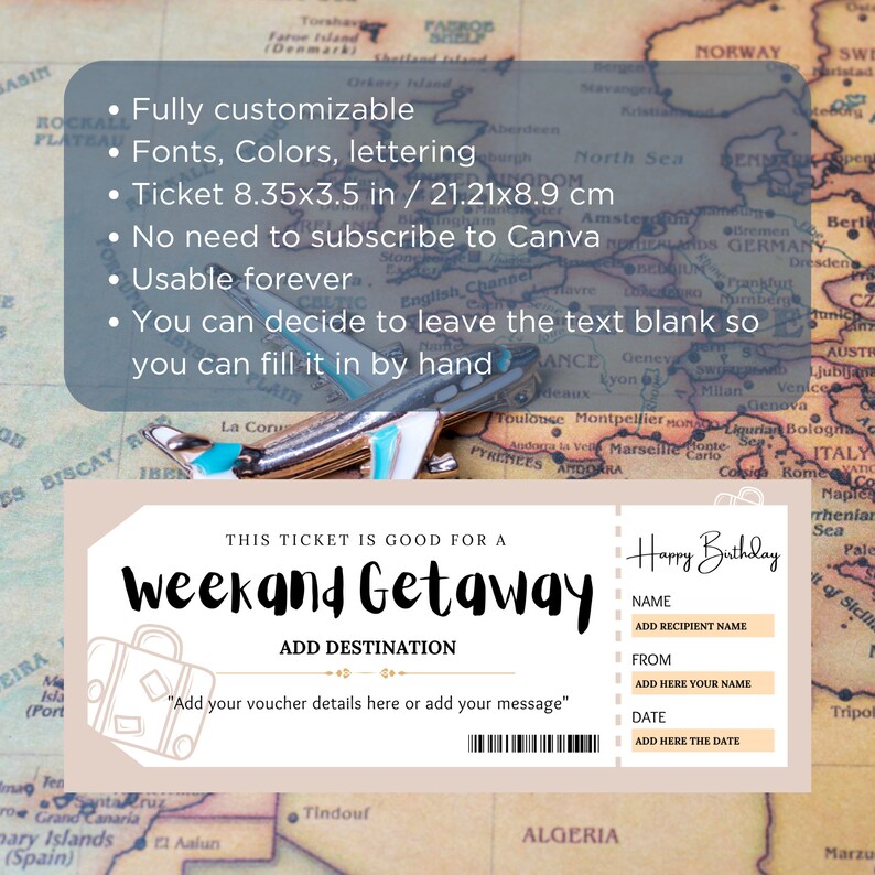 Weekend Getaway Ticket Template, Editable Travel Voucher, Romantic ...