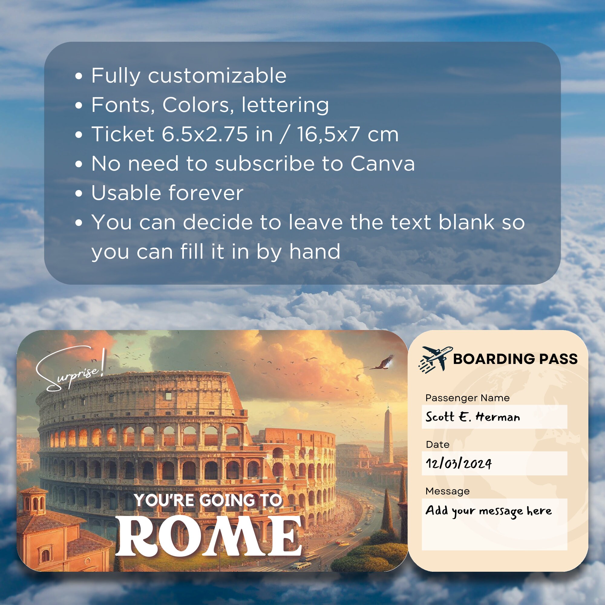 Rome Plane Ticket Template, Boarding Pass Ticket Template, Flight ...