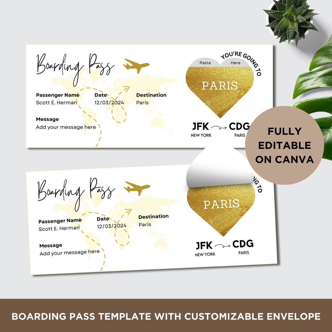 Boarding Pass Ticket Template, Editable Plane Ticket Template, Airline Ticket, Flight Boarding ...