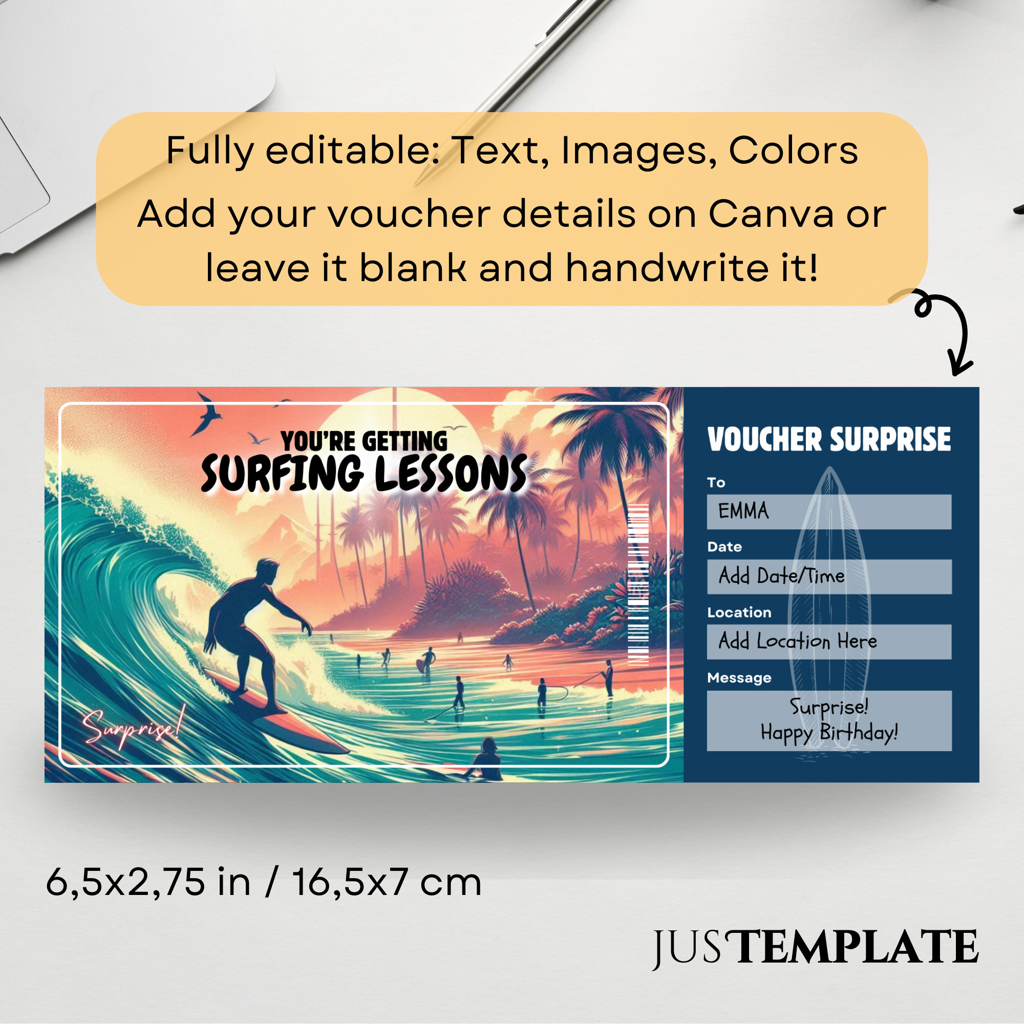 Surfing Ticket, Surfing Lesson Voucher Template, Printable Surfing ...