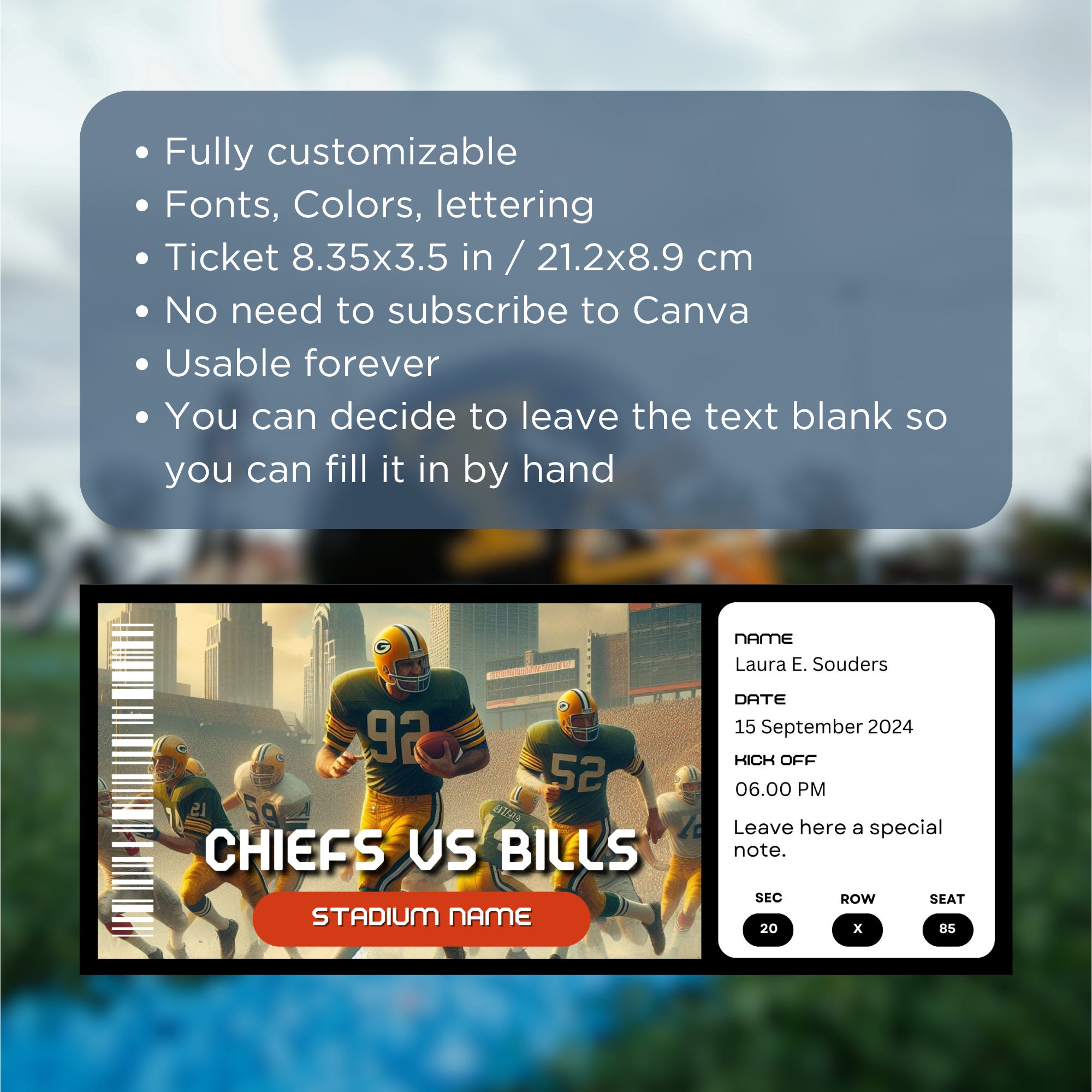 Nfl Ticket Template, Event Ticket, Football Game Ticket, Sports Event ...