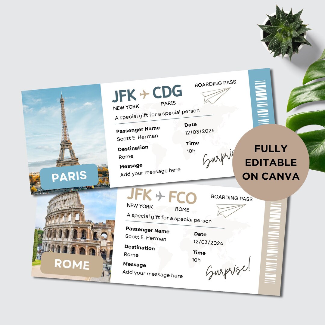 Custom Boarding Pass, Editable Plane Ticket, Printable Airline Ticket ...