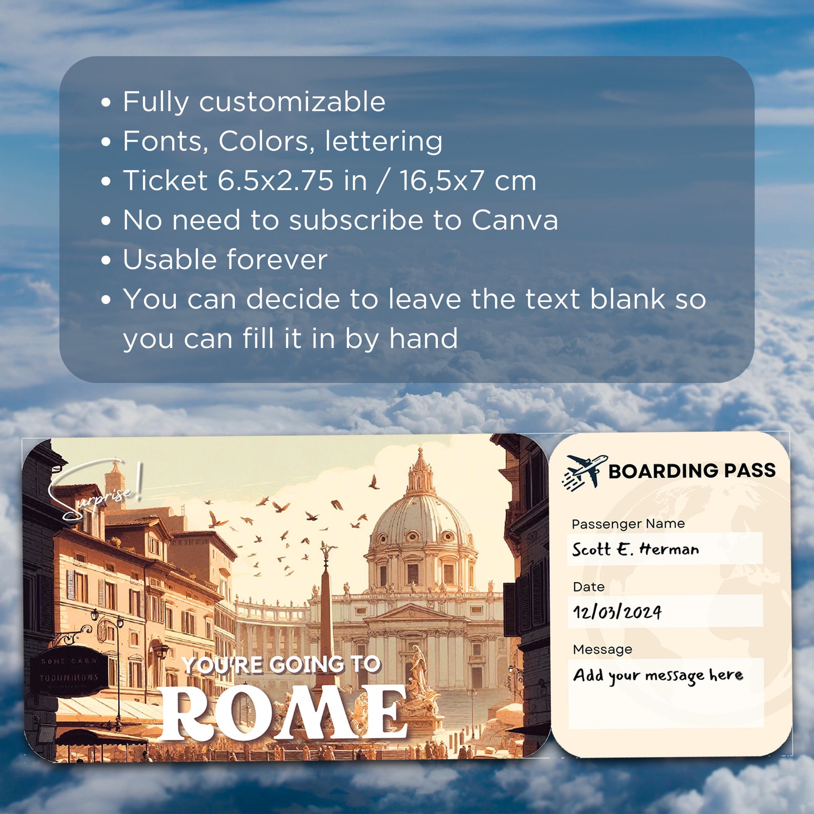 Rome Plane Ticket Template, Boarding Pass Ticket Template, Flight ...