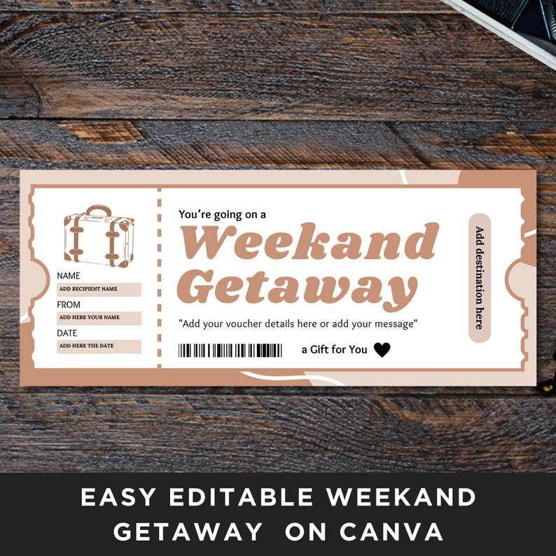 Weekend Getaway Ticket Template, Editable Travel Voucher, Romantic ...