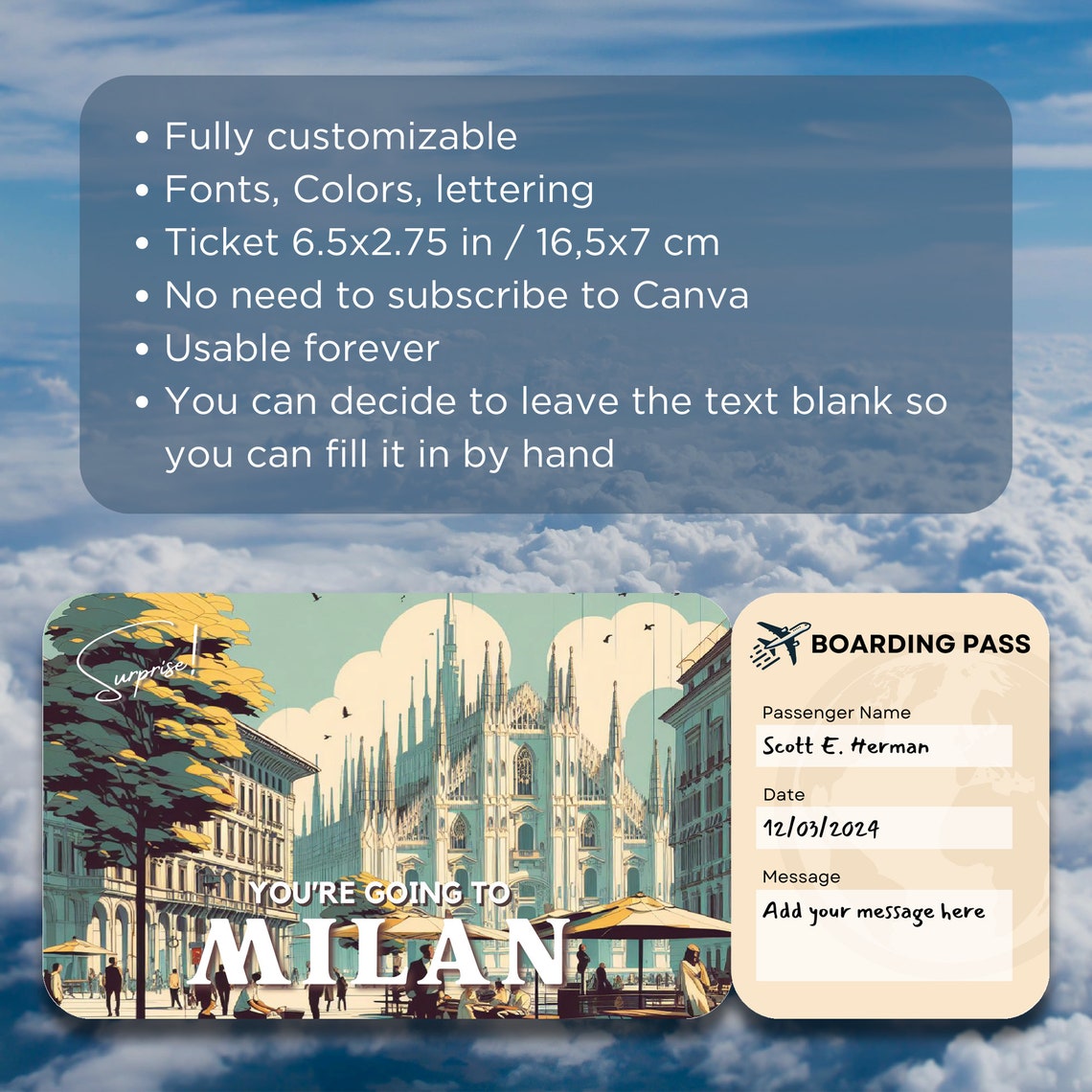 Milan Plane Ticket Template, Boarding Pass Ticket Template, Flight ...