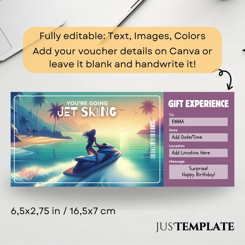 Jet Skiing Ticket Template, Jet Ski Lesson Voucher, Printable Jet Ski ...