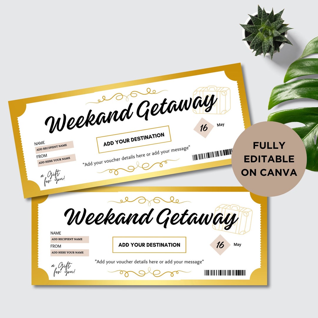 Weekend Getaway Ticket Template, Editable Travel Voucher, Romantic ...