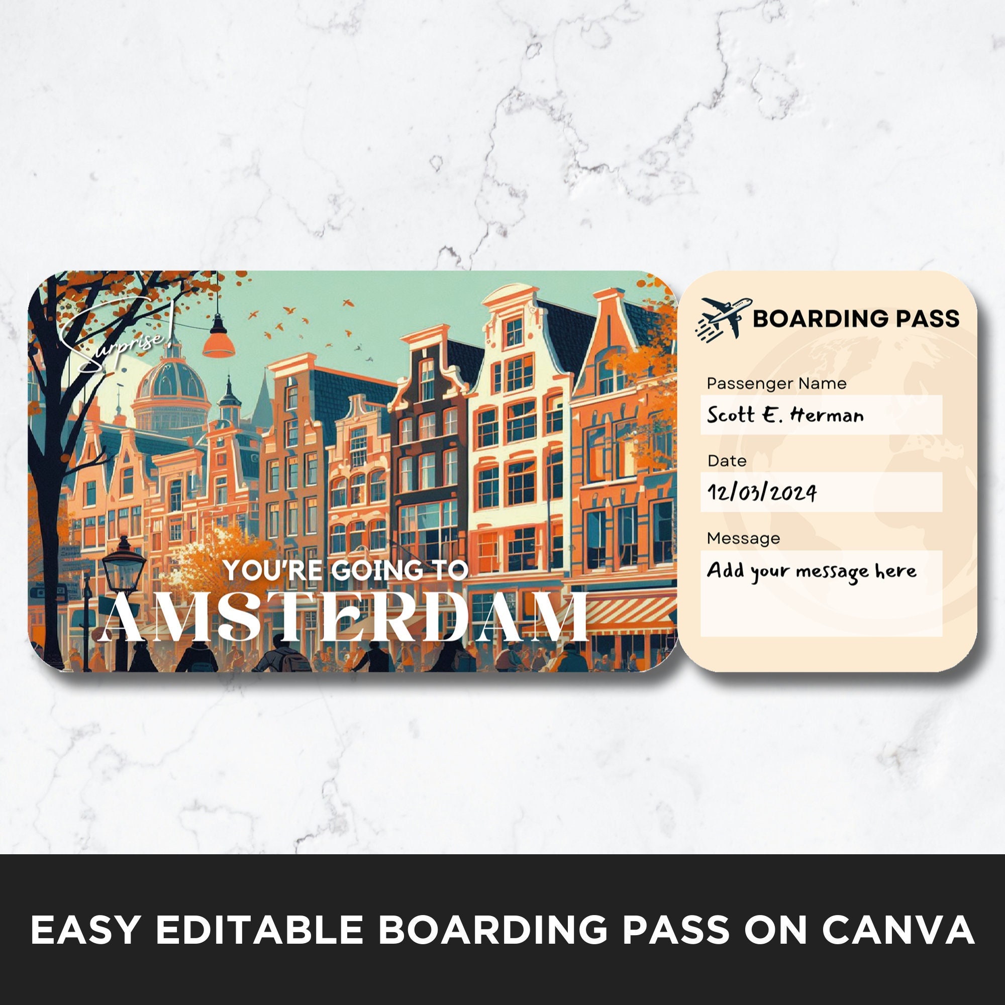 Amsterdam Plane Ticket Template, Boarding Pass Ticket Template, Airline ...