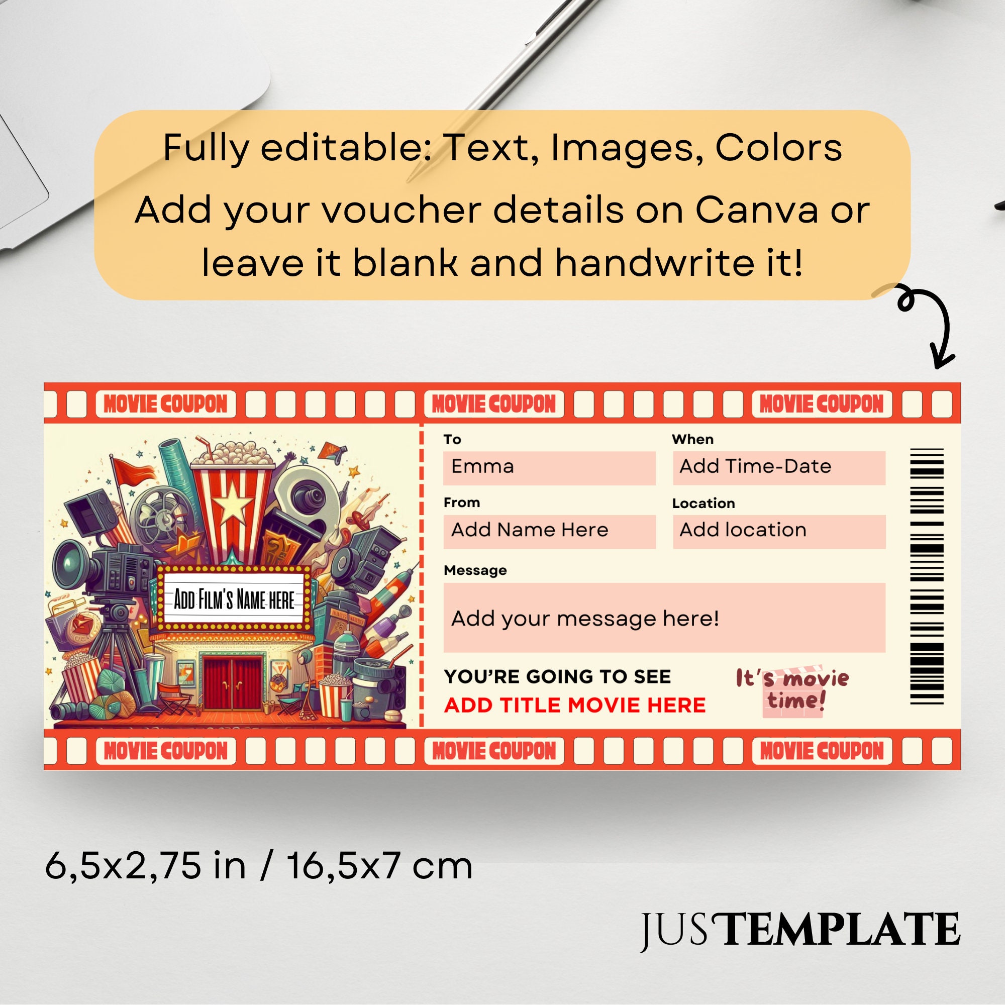 Editable Movie Ticket Template, Printable Movie Coupon, Cinema Tickets ...