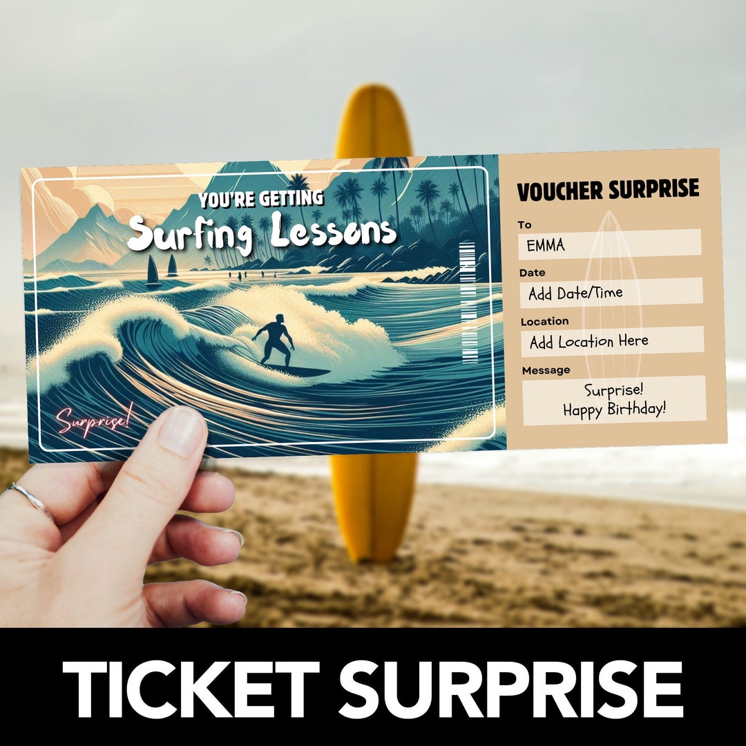 Surfing Ticket, Surfing Lesson Voucher Template, Printable Surfing ...