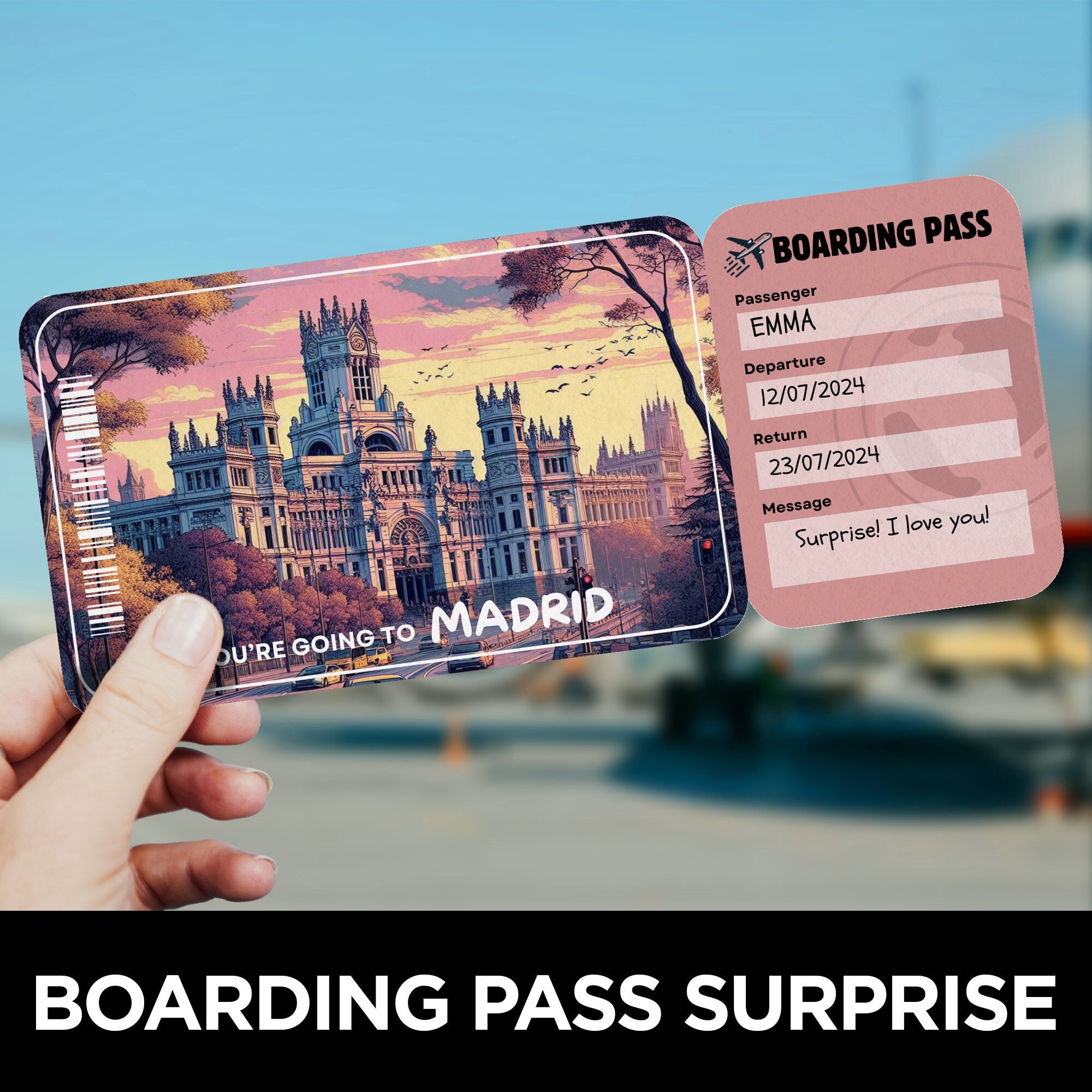 Madrid Boarding Pass, Trip Surprise, Plane Ticket Template, Boarding ...