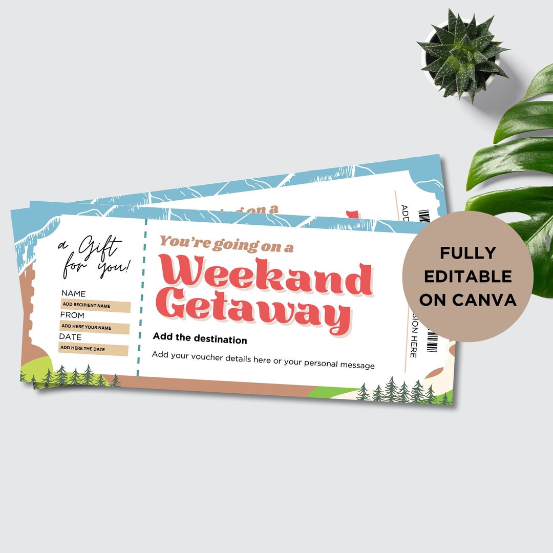 Weekend Getaway Ticket Template, Travel Voucher, Romantic Getaway ...